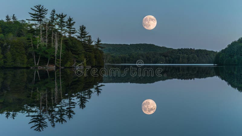 Full Moon Reflection in a Serene Lake Stock Photo - Image of night ...