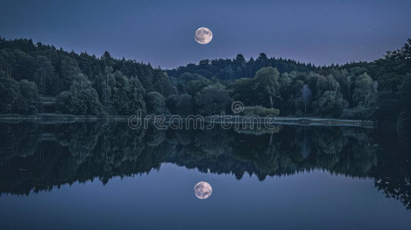 Full Moon Reflection on a Still Lake Stock Photo - Image of moon, trees ...