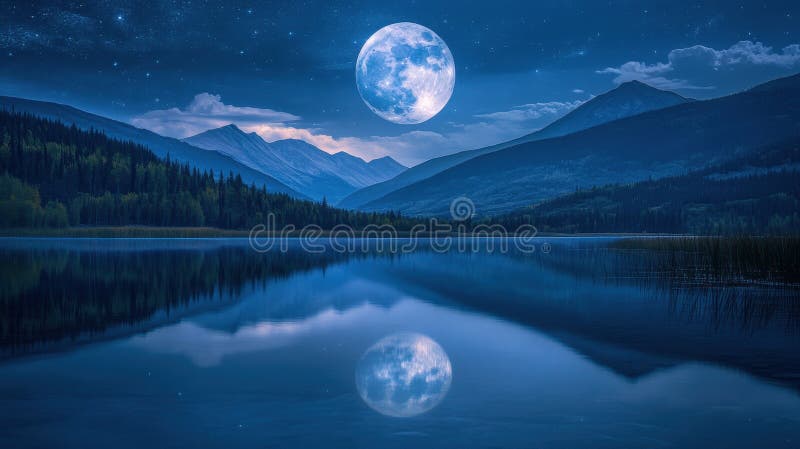 Full Moon Reflection on a Still Mountain Lake at Night Stock Illustration - Illustration of calm ...