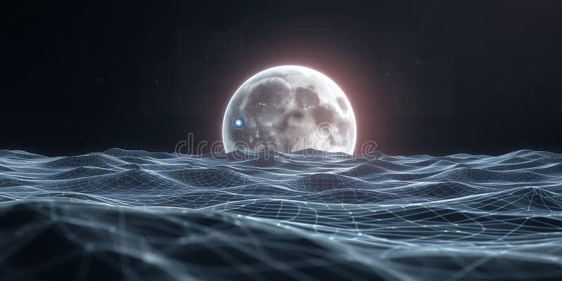 A Full Moon Rises Above a Digital Ocean Represented by a Wireframe Grid ...