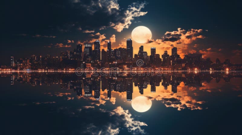 A Full Moon Rises Over a City Skyline. Generative AI Image. Stock ...