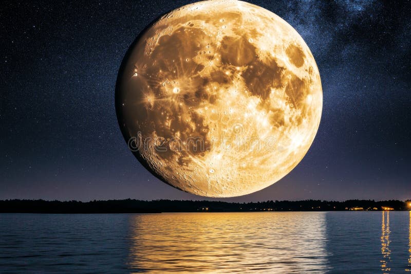 A Full Moon Rises Over an Empty Ocean at Night, Leaving Space for Text ...