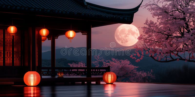 A Full Moon Rises Over a Japanese Pavilion with Lanterns Glowing in the ...