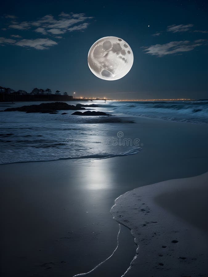 A Full Moon Rises Over the Ocean and the Beach Stock Illustration ...