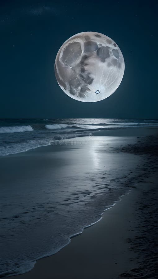 A Full Moon Rises Over the Ocean and the Beach Stock Illustration ...
