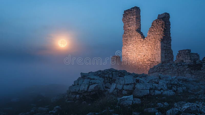 A Full Moon Rises Over a Stone Ruin, Casting an Ethereal Glow Over the ...