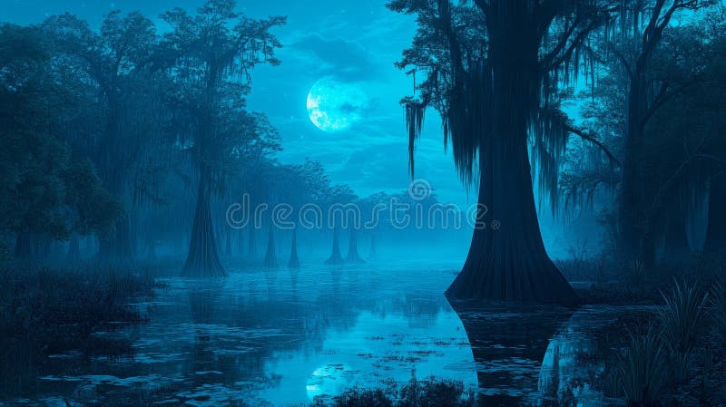 The Full Moon Rises Over the Swamp, Casting a Deep Blue Glow Across the ...