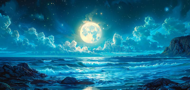 A Full Moon Rises Over the Tranquil Ocean Waves Stock Image - Image of ...