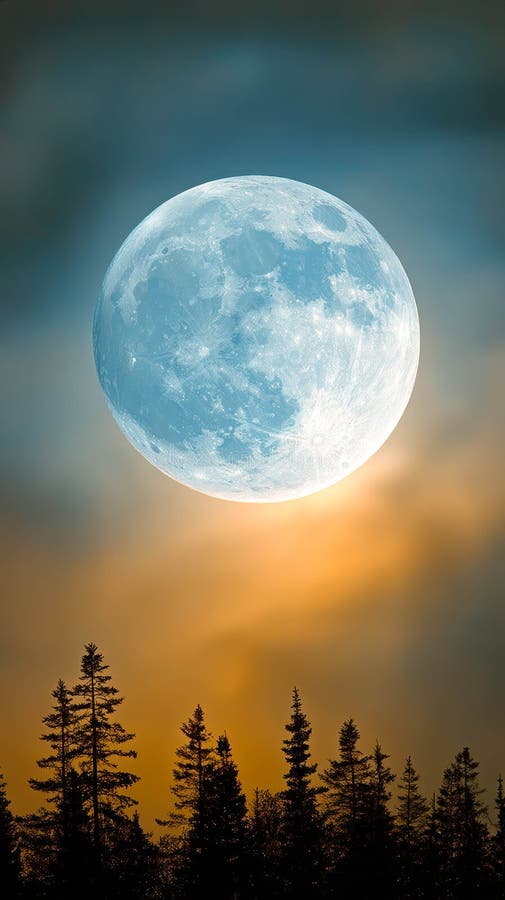 Full Moon Rises Over Tranquil Treetops Under a Cloudy Sky with Deep ...