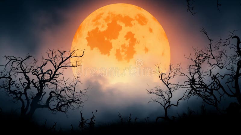 Full Moon Rising Behind Bare Tree Branches at Night. Spooky Atmosphere ...