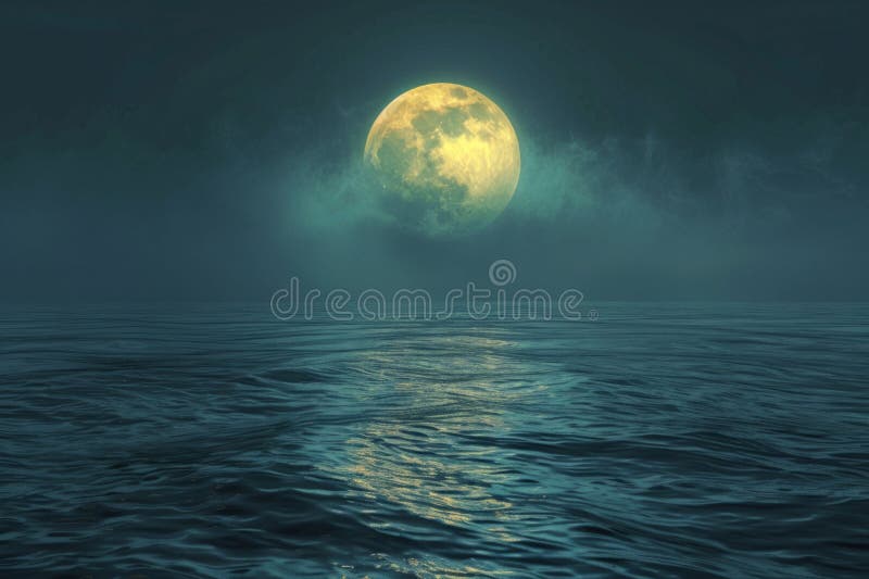 Full Moon Rising Over a Calm Ocean Reflecting on the Water Surface ...