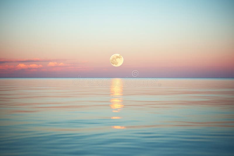 Full Moon Rising Over a Calm Sea Stock Image - Image of lunar ...