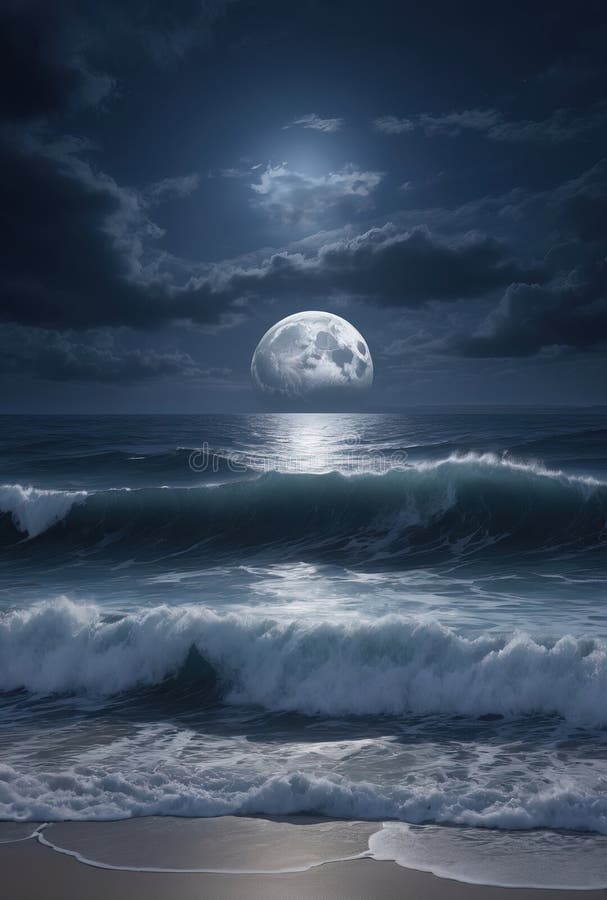 Full Moon Rising Over Empty Ocean at Night. Generated AI Stock ...