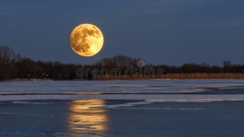 Full Moon Rising Over a Frozen Lake at Dusk Stock Photo - Image of ...