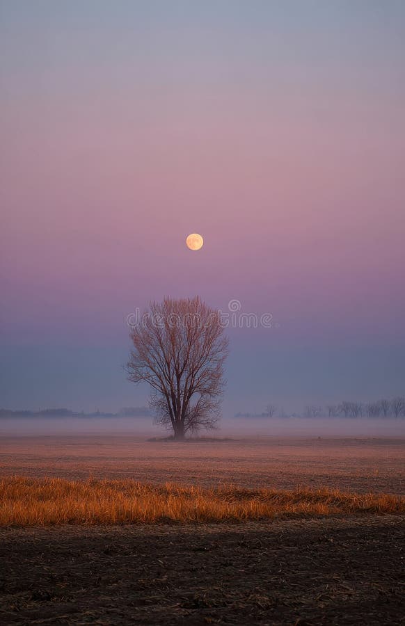Full Moon Rising Over Misty Field with Bare Tree at Twilight Stock ...