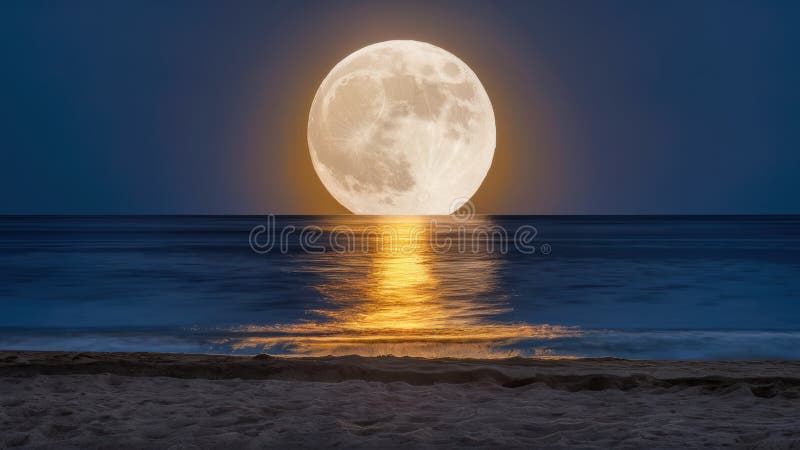 A Full Moon Rising Over the Ocean with a Beach in Front of it, AI Stock ...