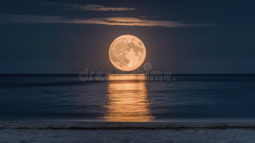 A Full Moon Rising Over the Ocean with a Beach in View, AI Stock Image ...