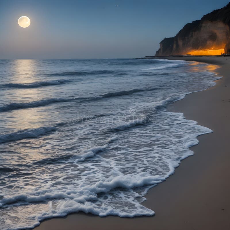 Full Moon Rising Over the Ocean and Cliffs on the Beach in the Evening ...