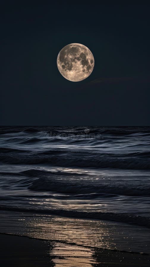 A Full Moon Rising Over the Ocean on a Dark Night Stock Photo - Image ...