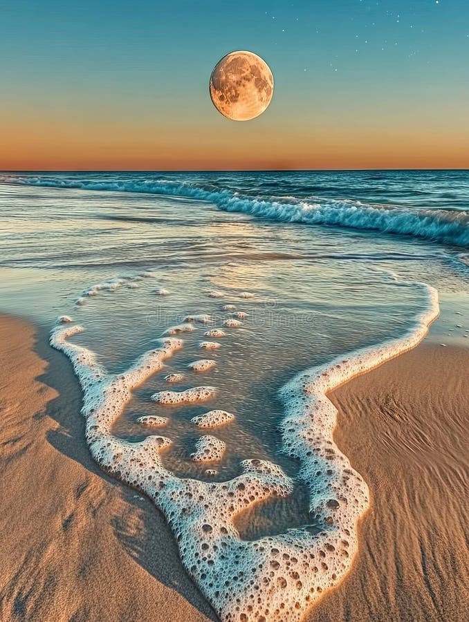 A Full Moon Rising Over the Ocean with Footprints in the Sand Stock ...