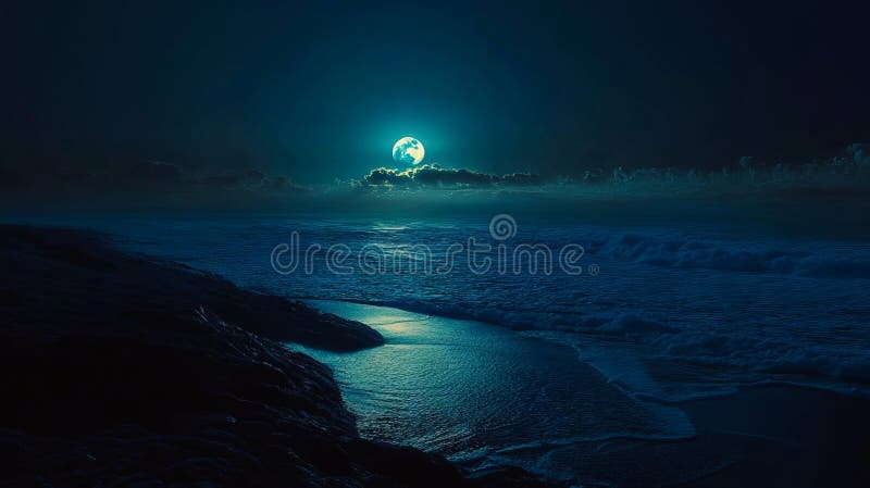 A Full Moon Rising Over the Ocean at Night Stock Photo - Image of ...