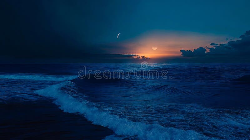A Full Moon Rising Over the Ocean at Night Stock Photo - Image of warm ...