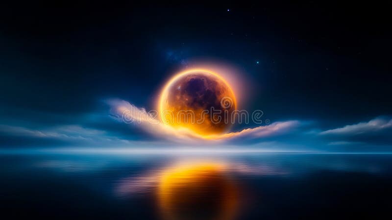 A Full Moon Rising Over the Ocean at Night Stock Image - Image of calm ...