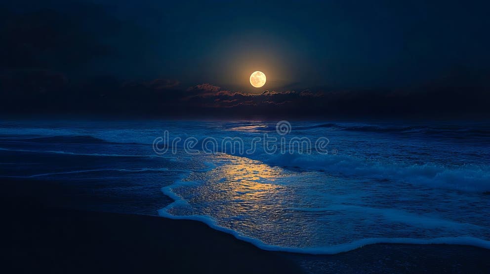 A Full Moon Rising Over the Ocean at Night on the Beach Stock Photo ...