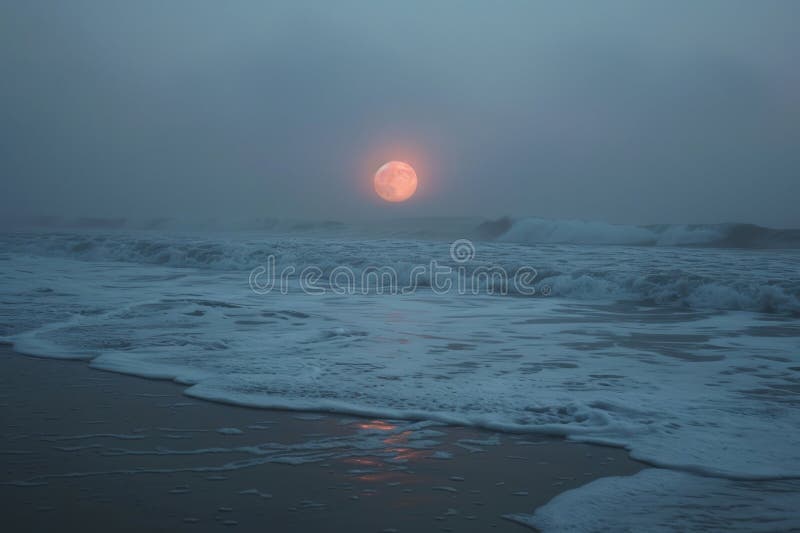Full Moon Rising Over Ocean with Waves Crashing on Shore at Sunset ...