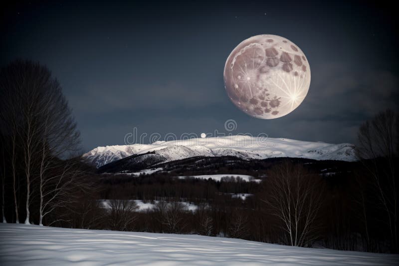 A Full Moon Rising Over a Snowy Mountain Range. Generative AI Stock ...