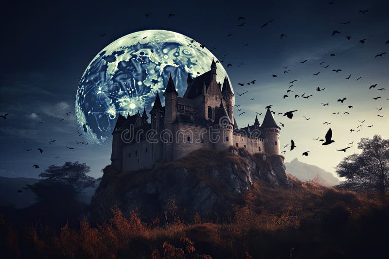 Haunted House with Ghosts and Bats Flying Around it Halloween Scene ...