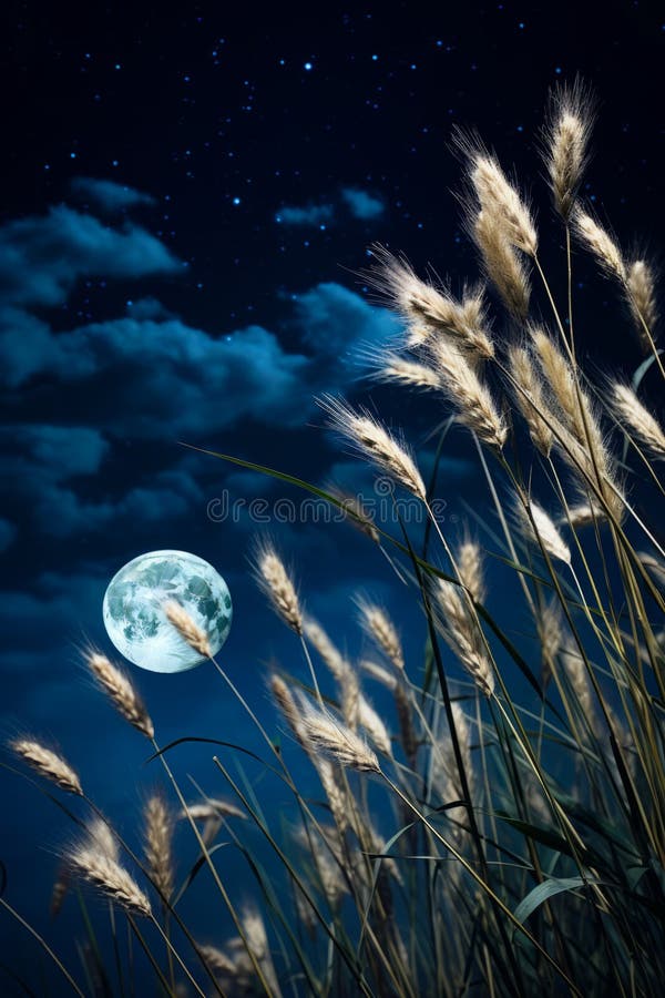 Full Moon is Seen in the Sky Above Some Tall Grass. Generative AI Stock ...