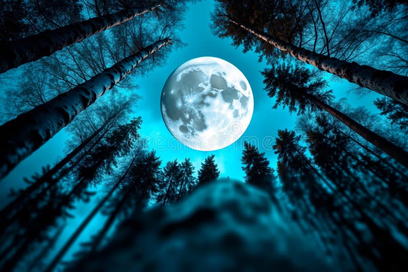 A Full Moon is Seen through the Trees in a Forest Stock Image - Image ...