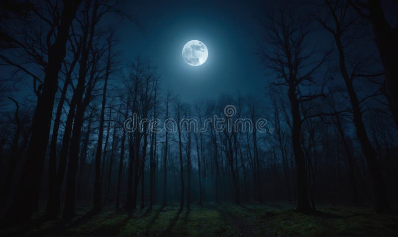 The Full Moon Shines Brightly Over a Dark Forest at Night Stock Image ...