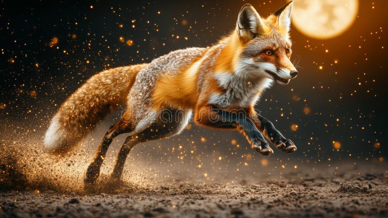 The Full Moon Shines Down upon a Magical Fox As it Jumps Over a Starry ...