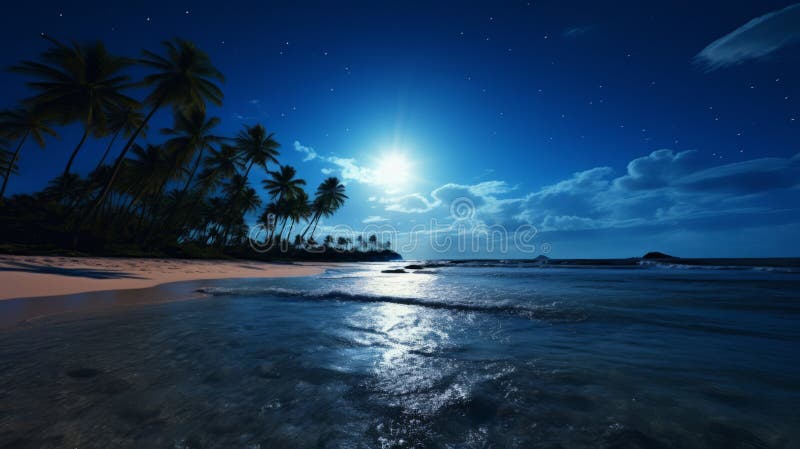 A Full Moon Shines Over a Beach with Palm Trees Stock Illustration ...