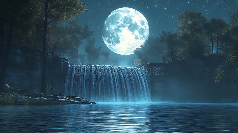 A Full Moon Shines Over a Cascading Waterfall in a Tranquil Forest ...
