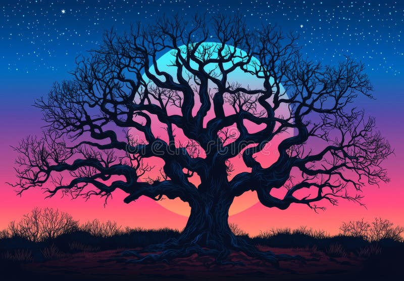 A Full Moon Shines upon a Single Tree at Night Stock Image - Image of ...