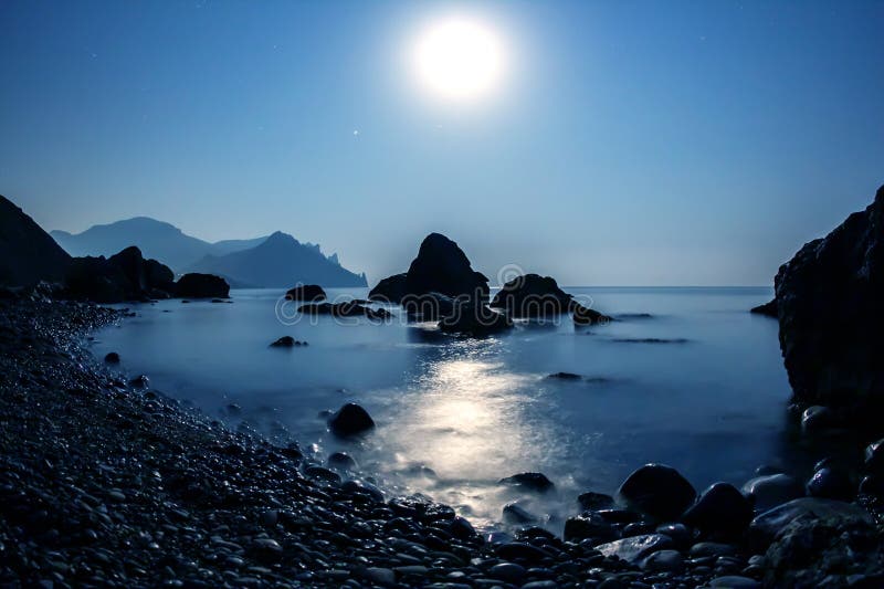 The Full Moon Shines Space on the Stone Seashore. Landscape in Nature ...