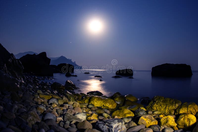The Full Moon Shines Space on the Stone Seashore. Landscape in Nature ...