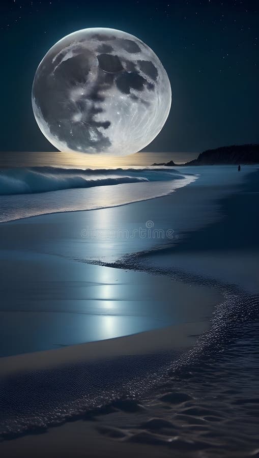 A Full Moon is Shining on a Beach with a Beach Scene Stock Illustration ...