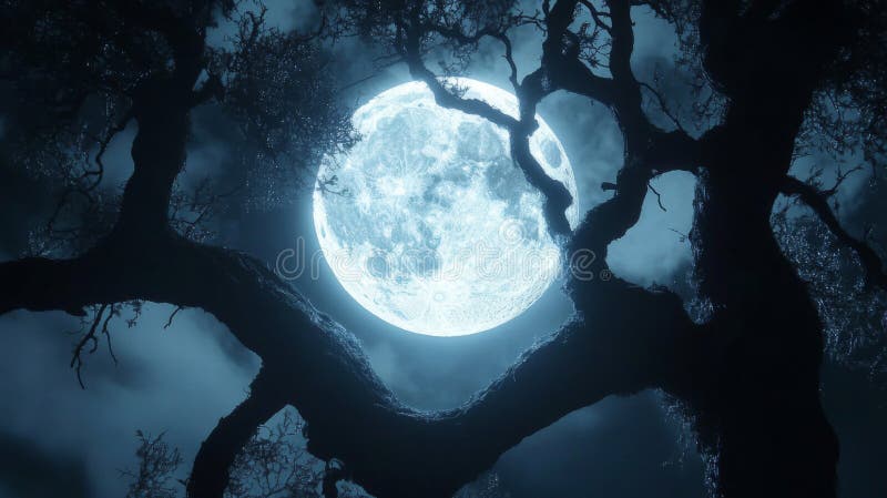Full Moon Shining through the Branches of a Tree Stock Illustration ...