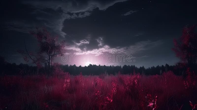 A Full Moon is Shining Over a Field of Grass and Trees Stock ...