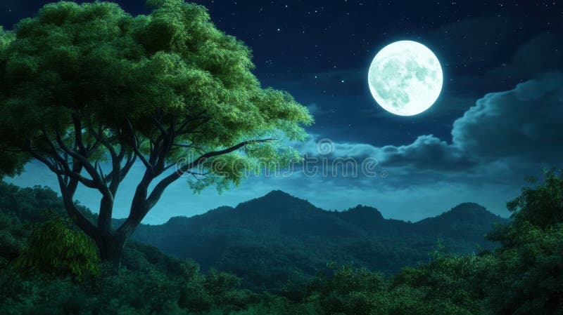 A Full Moon Shining Over a Green Forest with Trees, AI Stock Photo ...