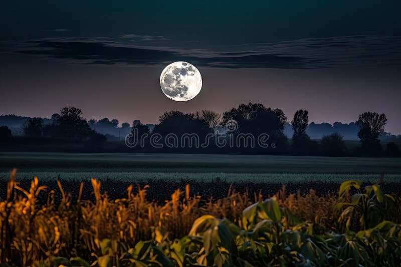Full Moon Shining Over Harvest Moon Night Sky Stock Illustration ...