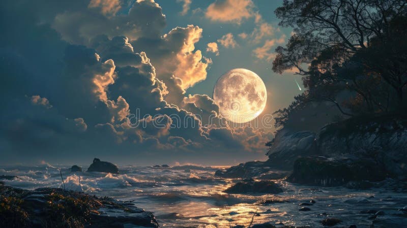 A Full Moon Shining Over the Ocean and Rocks, AI Stock Photo - Image of ...