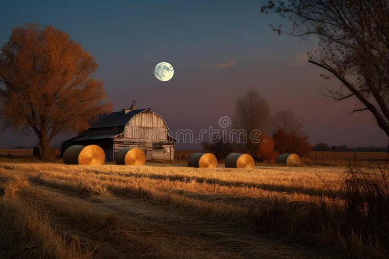 Full Moon, Shining Over Peaceful Farm, with Harvest Moon in the Sky ...