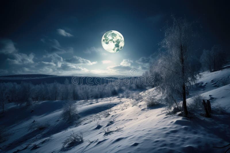 Full Moon Shining Over Snowy Landscape Stock Illustration ...