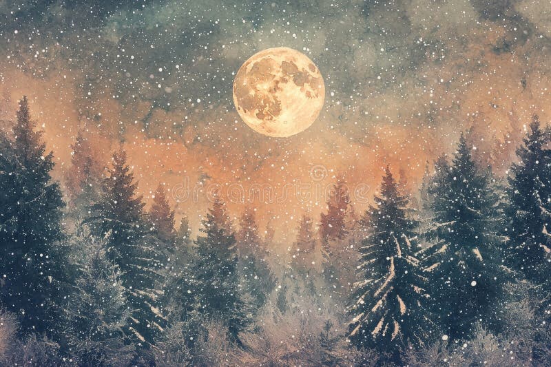 A Full Moon Shining Over a Winter Spruce Forest, Painted in Watercolor ...