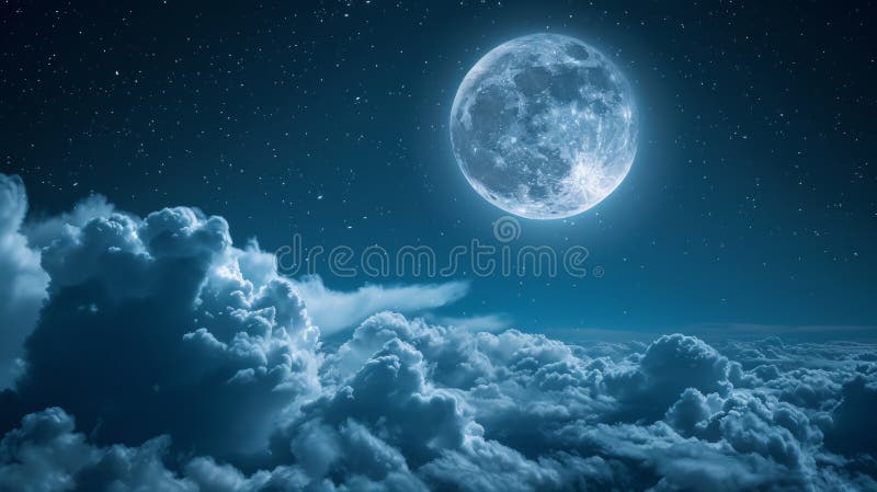 A Full Moon in the Sky Above Clouds with Stars, AI Stock Illustration ...